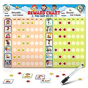 Chore Chart for Multiple Kids, Behavior Chart for Kids at Home, Dry Erase, and Magnetic Reward Chart for 2 Kids, Includes 54 Chores