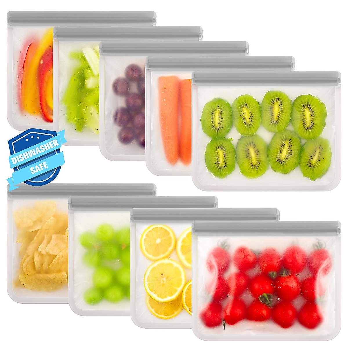 FUNFERY Reusable Sandwich Bags Silicone,9 Pack Quart Reusable Freezer Bags,BPA Free Reusable Zip Bag for Meat,Veggies Fruit,Leakproof Reusable Food Storage Bags for Lunch Food Travel Home Organization