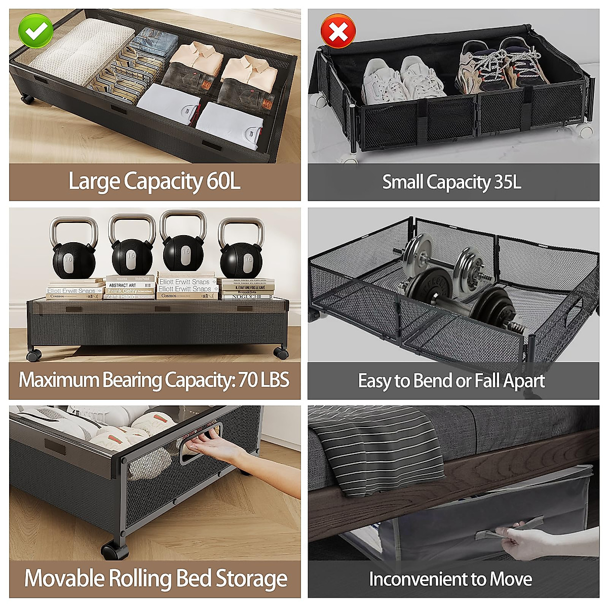 KITHELP Under Bed Storage Containers with Wheels, 2 Pack Underbed Shoe Storage Organizer with Removable Lids, Large Rolling Under Bed Storage Dresser Drawers for Clothes Toys Shoes Blankets