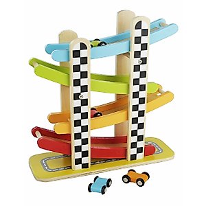Colorful Wood Race Track Ramp with 4 Wooden Race Cars - Solid Wood Educational Baby Toy for Toddler Boys and Girls Age 18-24 Months, 2 Years and Up - Classic Early Development Vehicle Playset Toy