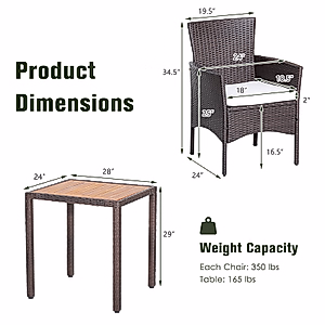 Tangkula 3 Pieces Patio Furniture Set, Outdoor Mix Brown Wicker Dining Set w/Acacia Wood Top Table, Comfortable Cushioned Chairs, Space-Saving Rattan Conversation Set for Garden, Backyard, Porch