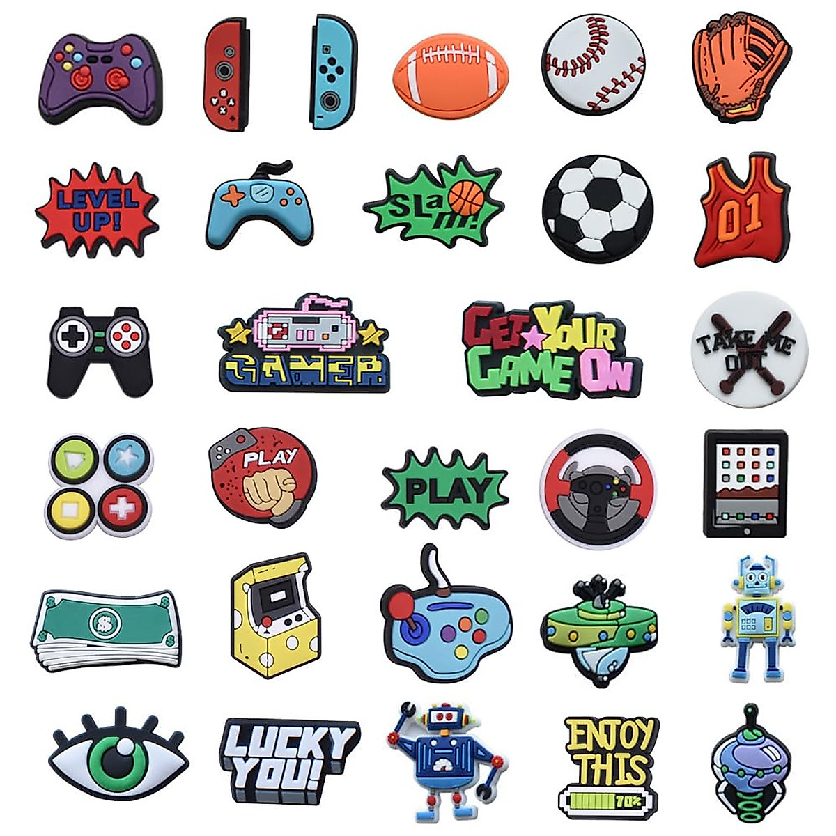 Veramz Shoe Charms for Boys, 30PCS Sports Game Charms for Boys Soccer Charms Teens Kids Men Party Favor Clog Accessories Pins Fit for Garden Sandals Wristband Bracelet