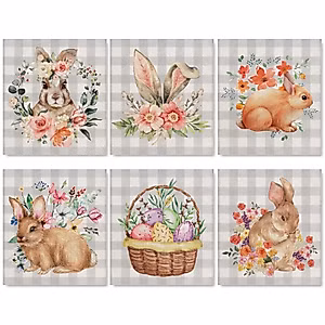AnyDesign Easter Swedish Kitchen Dishcloth Set of 6 Watercolor Easter Egg Rabbit Bunny Floral Cotton Kitchen Towel Gray White Buffalo Plaids Dish Towel for Housewarming Cleaning Wipes, 7 x 8 in