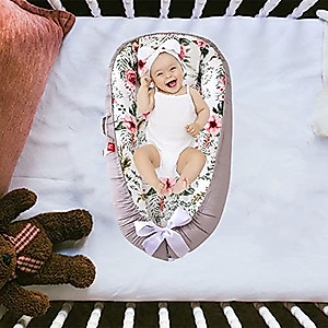 Vohunt Baby Lounger,100% Cotton Baby Nest Co-Sleeper for Baby in Bed with Handles,Infant Newborn Lounger Adjustable Size & Strong Zipper Lengthen Space to 3 Tears Old(Grey-Edged Flower Bouquet)