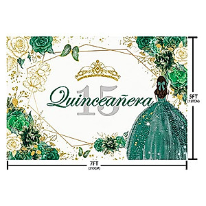 Sendy 7x5ft Quinceanera 15th Birthday Backdrop for Sweet Girl Mis Quince Anos 15th Birthday Party Decorations Green Gold Glitter Floral Crown Butterfly Banner Photography Background Cake Table Props