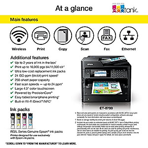 Epson Workforce Pro ET-8700 EcoTank Color All-in-One Supertank Printer with Scanner, Copier and Fax, WiFi & Ethernet Connectivity