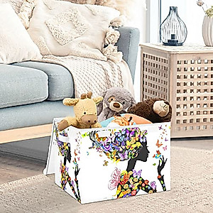 RunningBear Flowers Girl Butterflies Large Storage Bins with Lid Collapsible Storage Bin Storage Organizer Bin Cute Bin for Shelf Closet Nursery Home