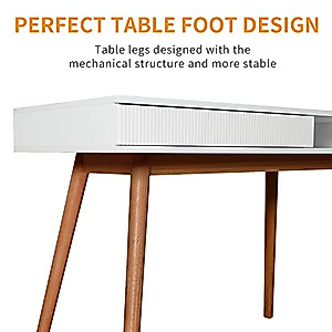 Arts wish White Writing Desk with Drawers Mid Century Modern Desk, Wood Office Desk Computer Desk Vanity Desk for Small Space, White Desk with Walnut Legs