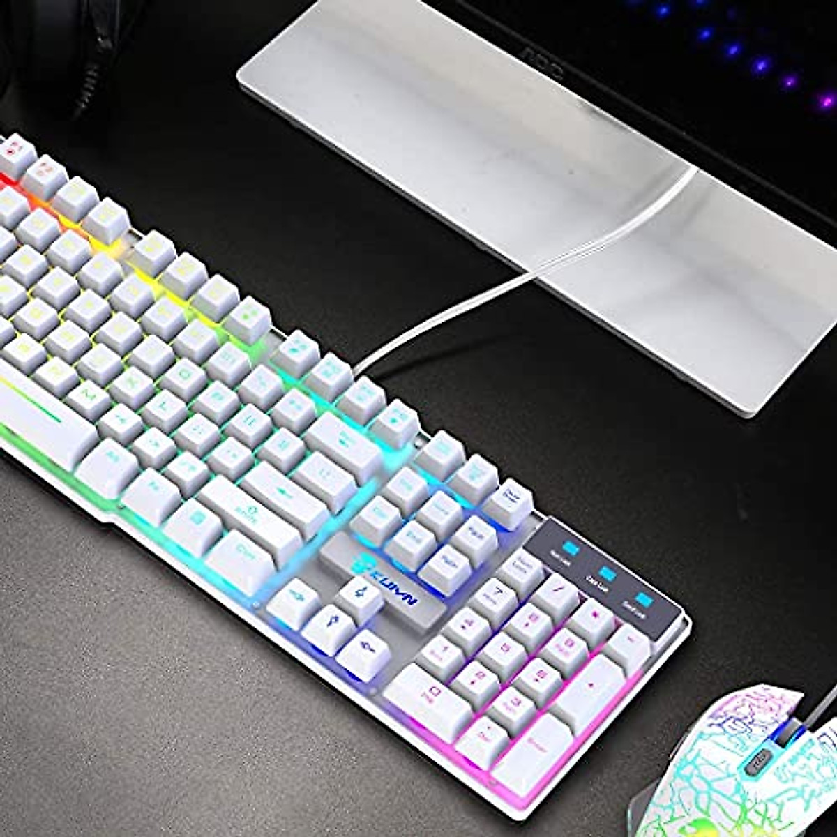 KUIYING Gaming Keyboard and Mouse Combo,RGB Rainbow Backlit Keyboard with PC Wired Keyboard+2400DPI 6 Buttons Rainbow LED Gaming Mouse+Mouse Pads for PC PS4 (White), 20.9 x 6.1 x 2.1