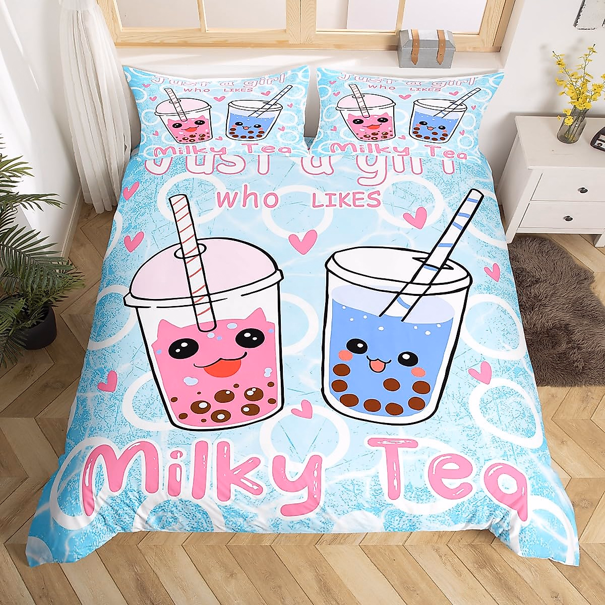 Boba Duvet Cover Girl Loves Boba Comforter Cover Kawaii Bubble Tea Stuffed Bedding Set for Kids Adults Cartoon Boba Bedspread Cover Full Size Bedclothes Zipper (No Comforter)