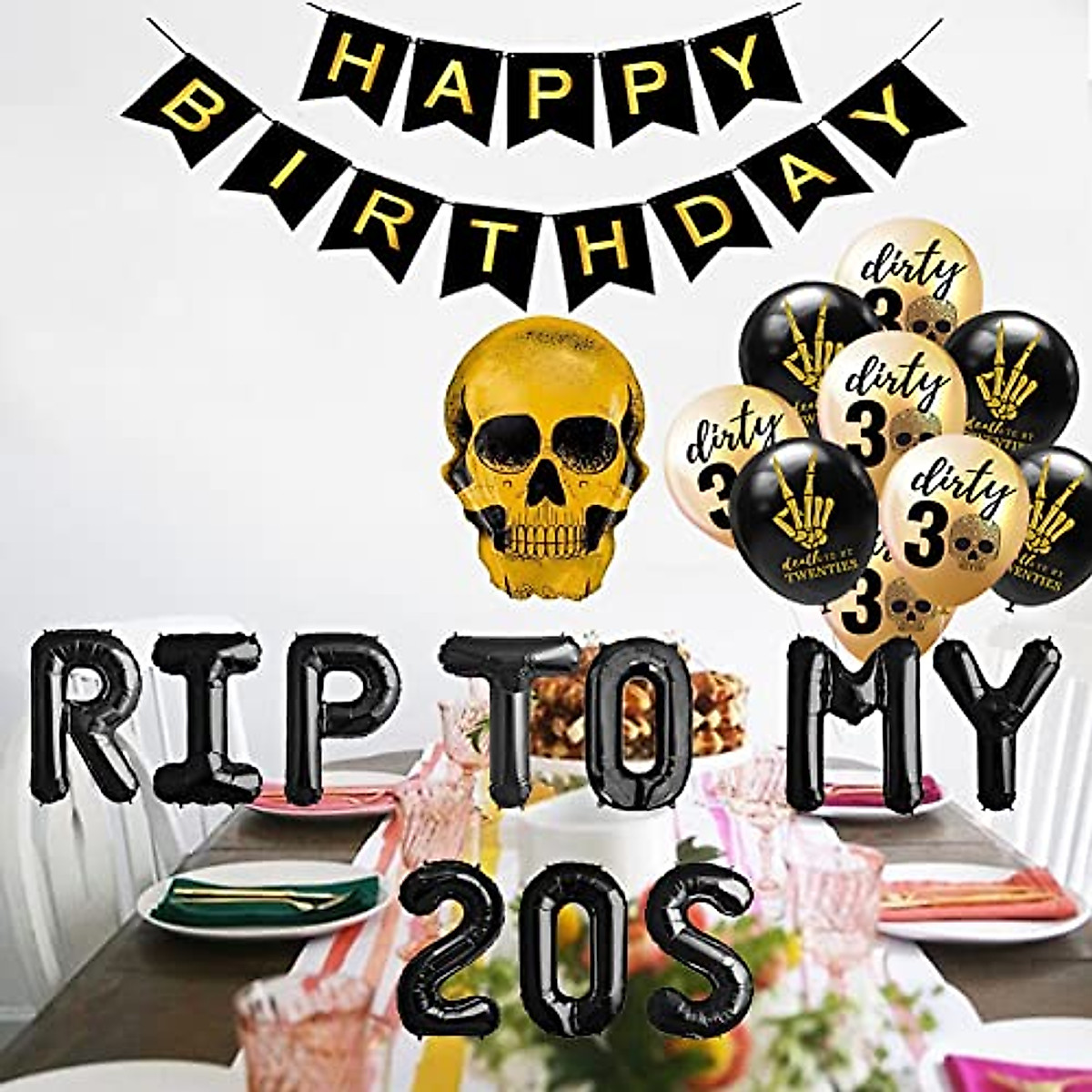 Geloar RIP To My 20s 30th Birthday Party Supplies, RIP TWENTIES Balloons Happy Birthday Banner for Death to My 20s Twenties RIP Youth Men Women Dirty 30 Funny 30th Bday Decorations Set of 24 PCS