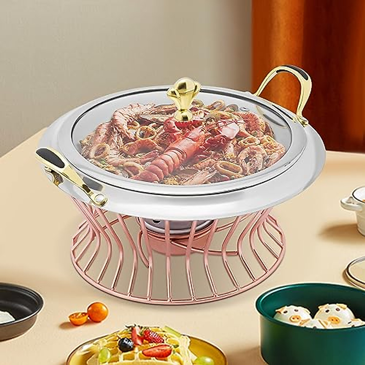 PaNeTnya 2L/2.11qt Round Chafing Dish Buffet Set,Stainless Steel Chafer Buffet Catering Chafers,Food Warming Tray for Parties,Graduation,Events (Red Copper)