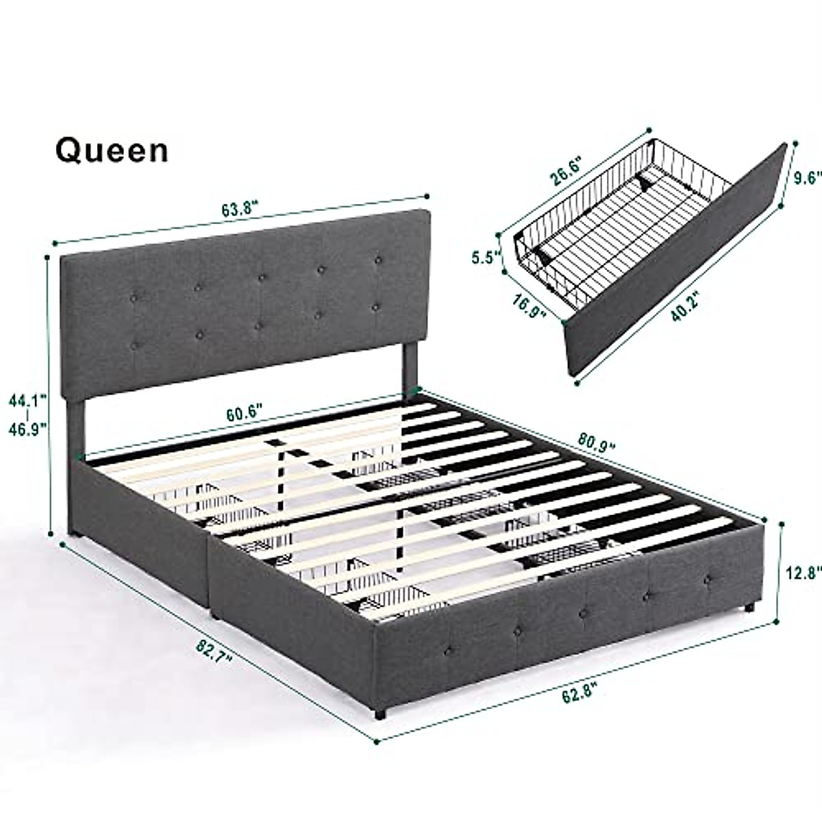 RHIZOME Queen Upholstered Platform Bed Frame with 4 Drawers Storage and Headboard Footboard, Mattress Foundation with Wooden Slats Support and No Box Spring Needed, Grey