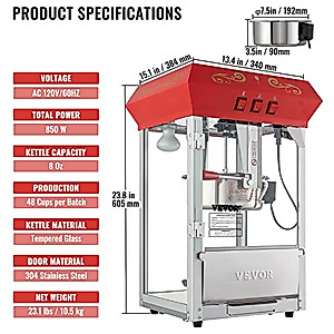 VEVOR Commercial Popcorn Machine, 8 Oz Kettle, 850 W Countertop Popcorn Maker for 48 Cups per Batch, Theater Style Popper with 3-Switch Control Steel Frame Tempered Glass Doors 2 Scoops 2 Spoons, Red