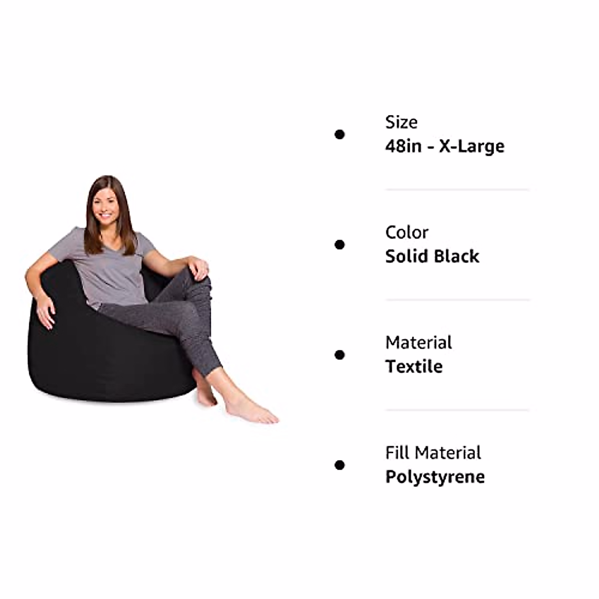 Posh Creations Bean Bag Chair for Kids, Teens, and Adults Includes Removable and Machine Washable Cover, Solid Black, 48in - X-Large