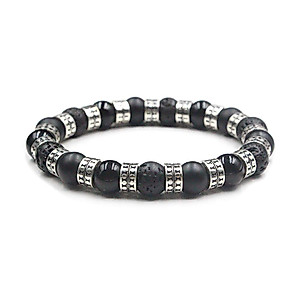 Mixed Black Stone and Sterling Silver Bracelet, Lava Stone, Matte Black, Polished Onyx, Bracelet for Men, Quality Beaded Jewelry