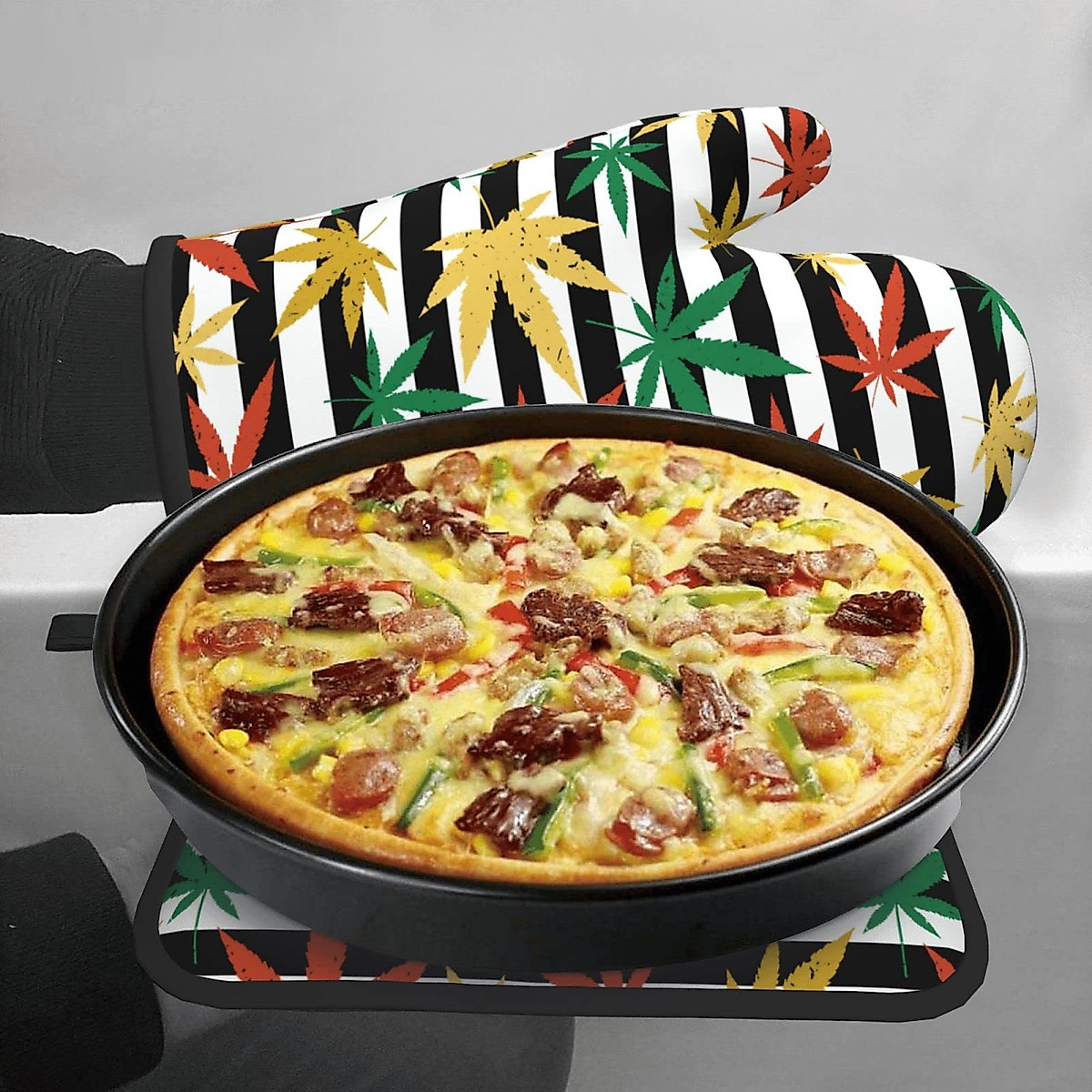 Oven Mitts and Pot Holders Sets Colorful Weed Oven Gloves Heat Resistant Potholders Washable Non-Slip BBQ Gloves with Hanging Loop for Women Men Kitchen Baking Cooking Grilling