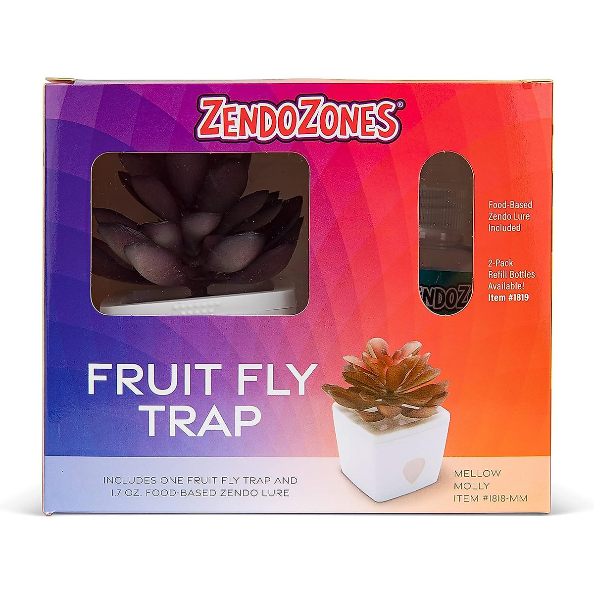 ZendoZones Fruit Fly Traps with Zendo Lure, 2-Pack Mellow Molly & Serene Sandy with Plastic White Base, Refillable and Reusable