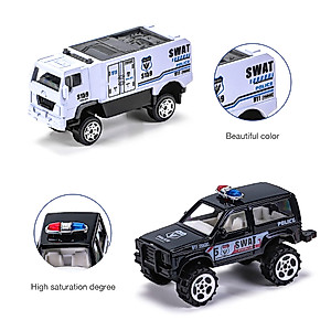 DUNRIOG TOYS 14 Pack Die-cast Police Rescue Truck Vehicles Sets,6 Pack Mini Police Vehicles Model,8 Policemen Mini Alloy Metal Pull Back Car ToysBoys Girls Toddlers Birthday Christmas Party Favors