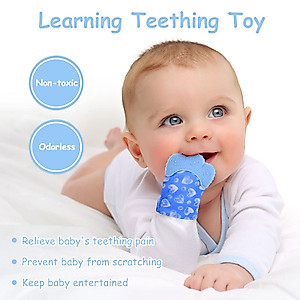 2Pack Silicone Teething Mitt, Soothing Infant Teething Mitten Pain Relief, Prevent Scratches Glove, Safe Silicone Teething Toys for 0-12 Months Blue Heart