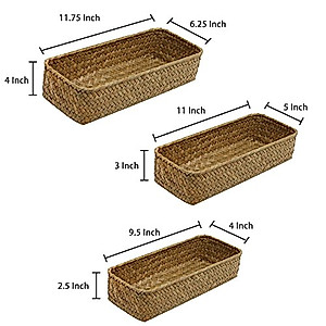 MyGift Medium Handwoven Natural Seagrass Woven Storage Basket, Rectangular Home Organizer Bins, 3-Piece Set, 12, 11 and 9 Inch Baskets