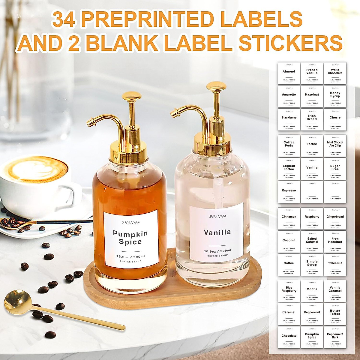 Coffee Syrup Dispenser for Coffee Bar, 16.9oz 500ml Glass Syrup Dispenser w Golden Coffee Scoop, Coffee Syrup Pump Dispenser w 36 Labels and Bamboo Tray, Coffee Syrup Bottles with Golden Pump, 2PCS