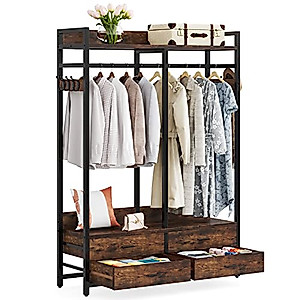 Tribesigns Freestanding Closet Organizer for Hanging Clothes, Heavy Duty Garment Rack with 4 Drawers, 8 Hooks and Storage Shelves, Wardrobe Closet Clothing Rack for Bedroom, Living Room, Rustic Brown