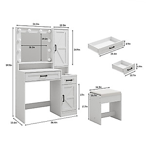 Fameill Vanity Desk with Mirror and Lights,Make up Vanity with Chair and Outlet,Dressing Table with Jewelry Cabinet, Bedroom Vanity with 2 Drawers, 3 Lighting Colors,36.4 inch,White