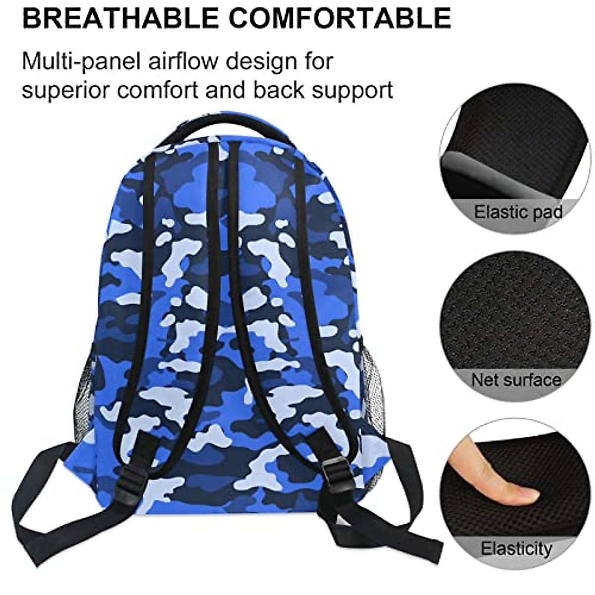 ZZKKO Camo Camouflage Blue School Backpacks Book Bag for Boys Girls Travel Hiking Camping Daypack Work Laptop Backpack