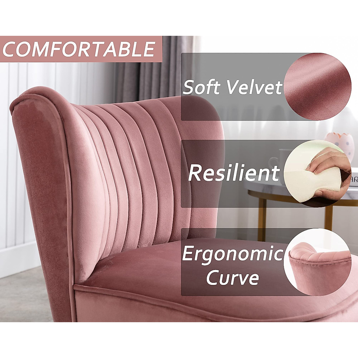 Janoray Velvet Accent Chair Set of 2 Comfy Mid-Century Modern Living Room Chair Armless Slipper Chair Single Sofa Chair with Golden Legs Wingback for Bedroom Guest Room, Pink