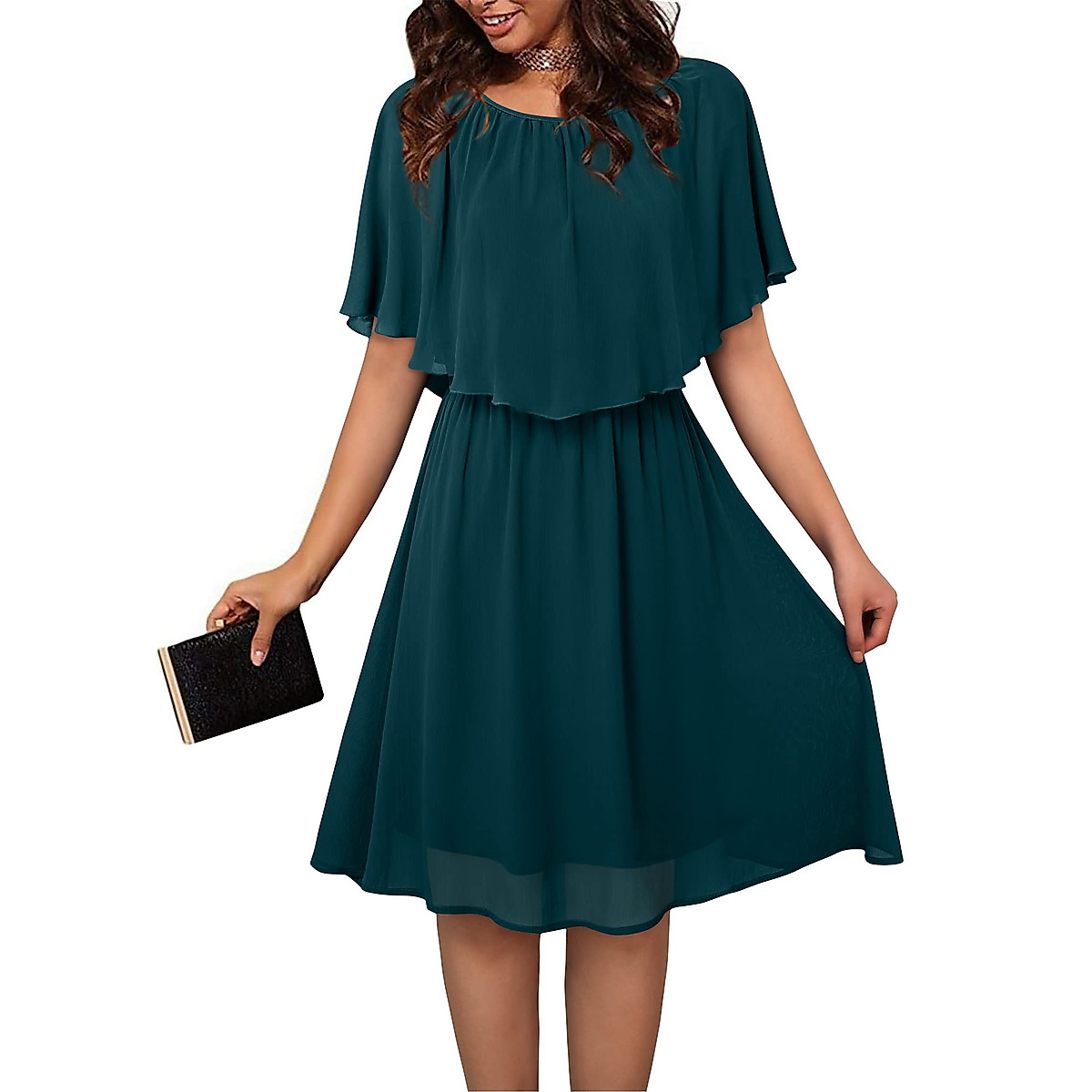 Bodhi talk Dresses for Women 2023 Wedding Guest Boat Neck Solid Color Casual Chiffon Dress Sleeveless Cape Dresses Peacock Green Large