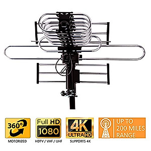 [Newest 2020] Five Star Outdoor Digital Amplified HDTV Antenna - up to 200 Mile Long Range,Directional 360 Degree Rotation,HD 4K 1080P FM Radio, Supports 5 TVs Plus Installation Kit and Mounting Pole