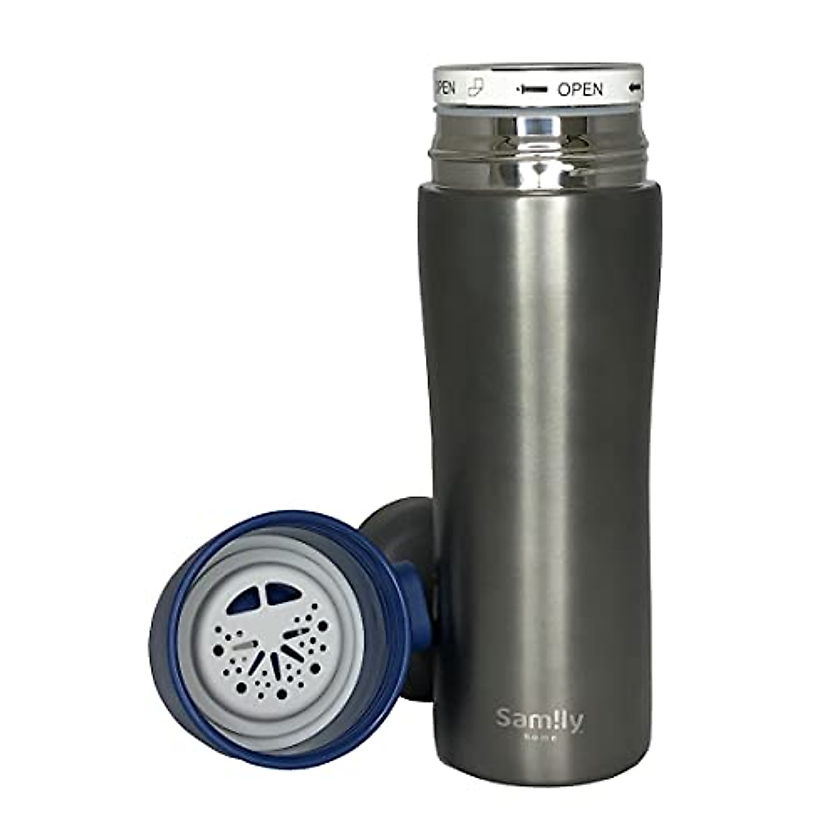 DEDEYA Samily 16oz/473ml Stainless Steel Vacuum Insulated Glass Bottle featured with an easy open flip-top cap, with glass liner inside. keep beverage hot or cold for hours.（Navy Lid ）