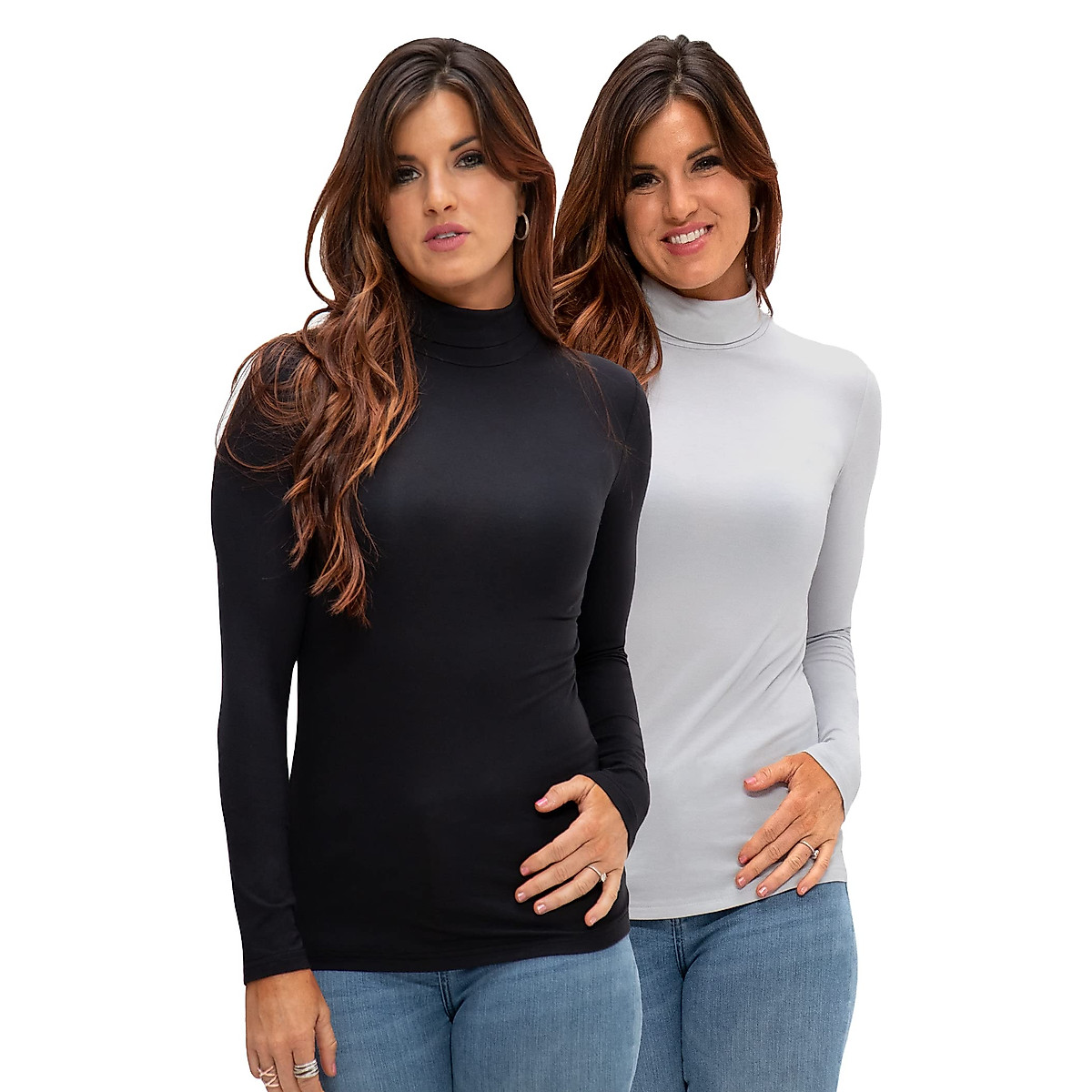 DEVOPS Womens 2-Pack Long Sleeve Mock Turtleneck Stretch Fitted Shirts (Black/Light Gray, Large)