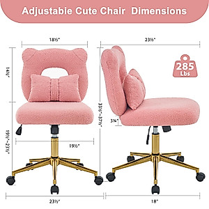 Furniliving Cute Vanity Desk Chair, Armless Home Office Desk Chair Height Adjustable with Wheels Upholstered Pillow for Makeup Room for Girls, Sherpa Pink