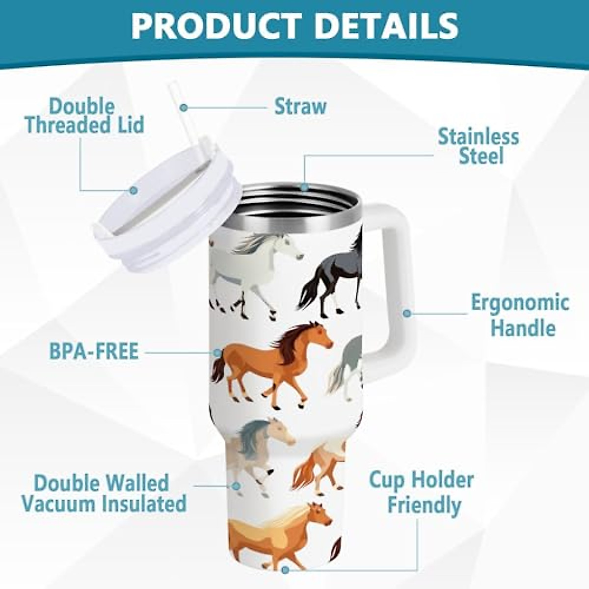 RPLIFE Colorful Horse 40 Oz Tumbler with Handle, Stainless Steel Coffee Tumbler, Insulated Coffee Mug with Lid