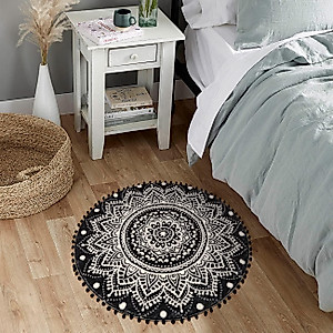 Uphome Small Round Rug 2.3’ Black Mandala Boho Bathroom Rugs with Pom Poms Fringe Washable Circle Shower Mat Soft Non-Slip Cute Circular Throw Rug for Sink Powder Room Bedroom Kids Room Nursery