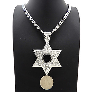iJewelry2 Stainless Steel Silver Tone Crystals Open Star of David Charm Pendant Cuban Chain Necklace