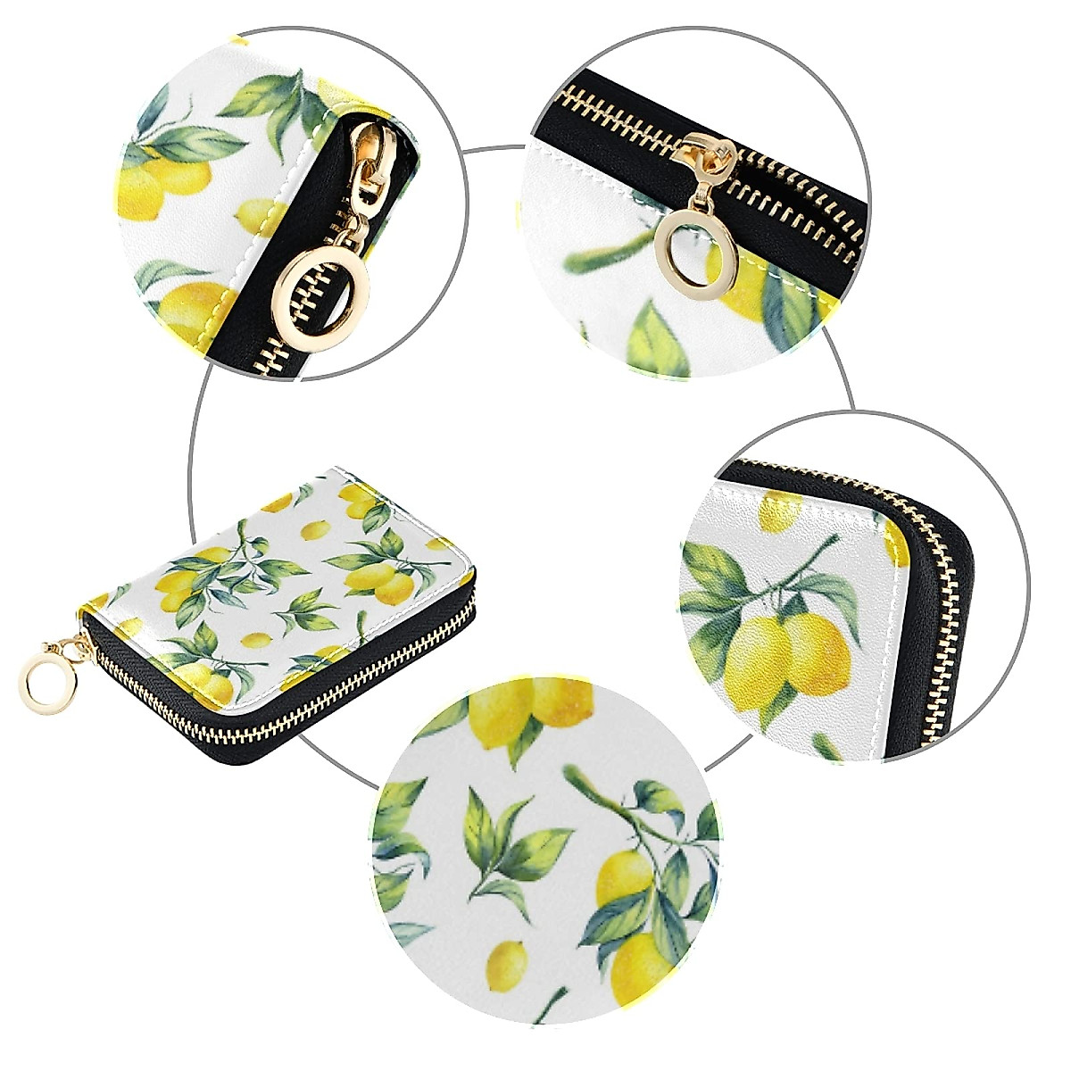 Yellow Lemon With Green Leaves Seamless On White Grey Credit Card Coin wallet, RFID Blocking Compact Women Leather Card Holder, Key Change Organizer, Zipper Purse Clutch Pouch Pocket