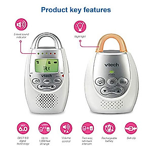 VTech DM221 Audio Baby Monitor with up to 1,000 ft of Range, Vibrating Sound-Alert, Talk Back Intercom & Night Light Loop, White/Silver