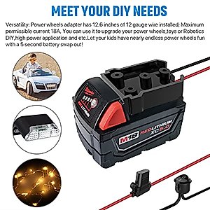 Power Wheel Adapter with Fuse & Switch, Secure Battery Adapter for Milwaukee 18V Lithium Battery, with 12 Gauge Wire, Good Power Convertor for DIY Ride On Truck, Robotics, RC Toys and Work Lights