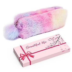 Plush Rainbow Pencil Case for Girls Fluffy Pencil Case Cute Rainbow Pencil Holder Soft Pencil Case Fluffy Pencil Bag Makeup Pouch Colored Storage Bags Large Capacity School Supplies for Kids