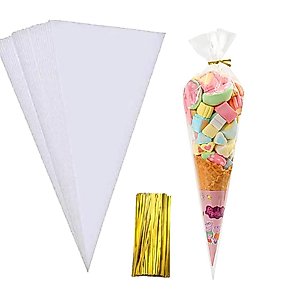 MAOUYWIEE Cone Bag 100 PCS Clear Cello Treat Bags Popcorn Bags Triangle Goody Bags with Twist Ties for Candies Handmade Cookies (6.3" X 11.8")