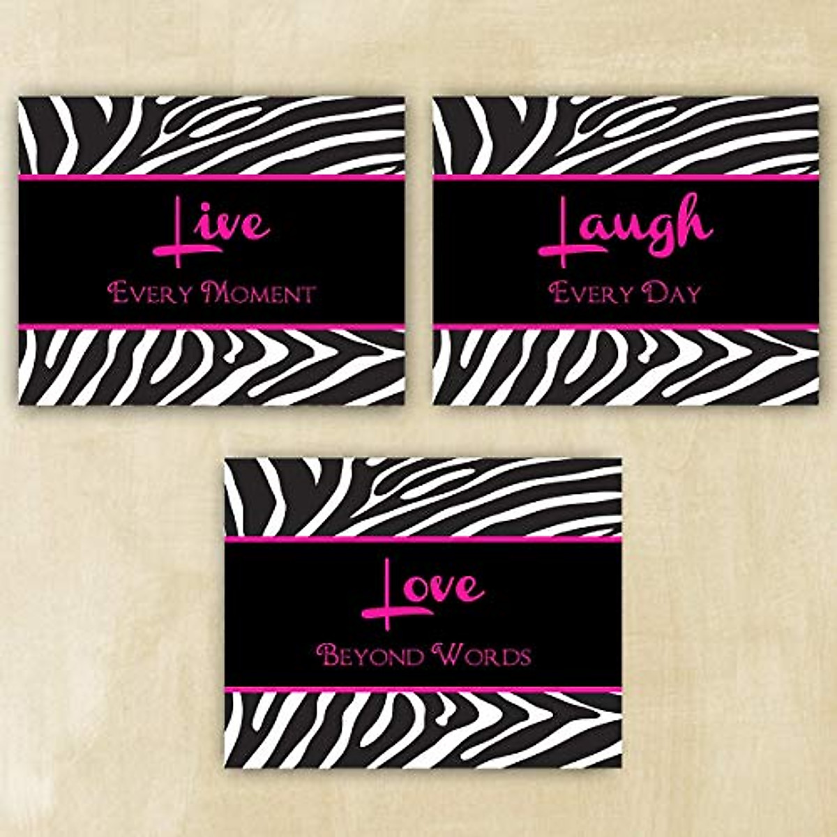 Live Laugh Love Animal Print Zebra Black and Hot Pink Wall Art Set of 3 5x7 or 8x10 Prints ((unframed))