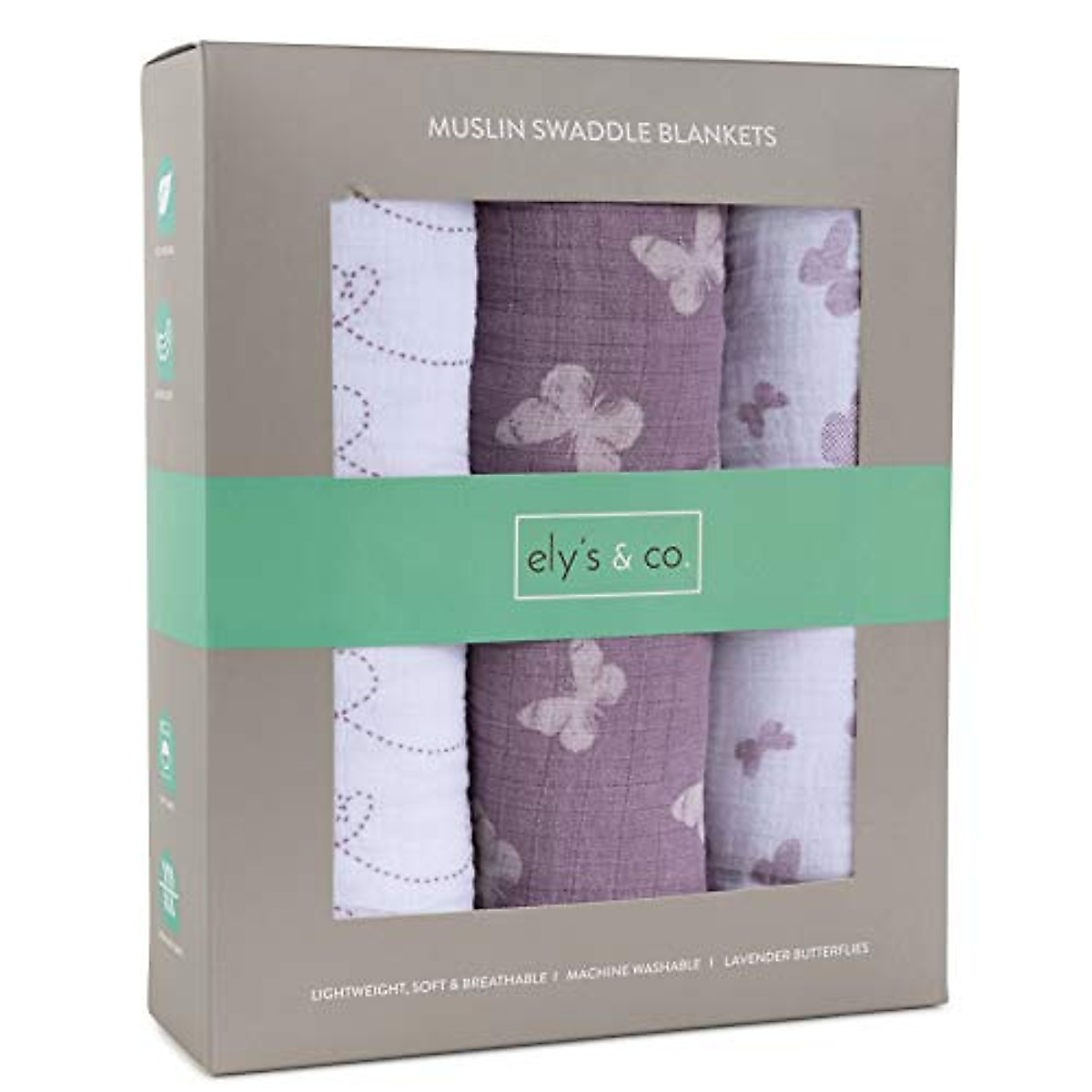 Ely's & Co. Muslin Swaddle Blanket 100% Soft Muslin Cotton 3 Pack 47"x 47" (Lavender Butterfly)