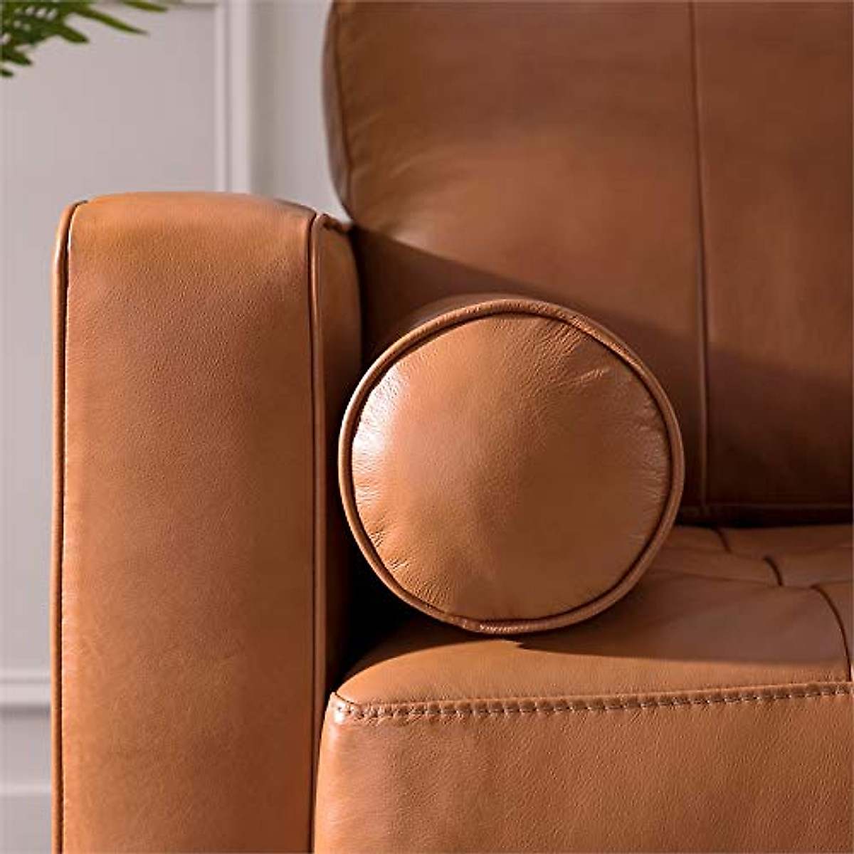 MAKLAINE 88" Top Grain Genuine Leather Tufted 3 Seater Sofa with Bolster Pillows, Mid Century Modern Lawson Style Couch with Excellent Craftsmanship, Camel Brown
