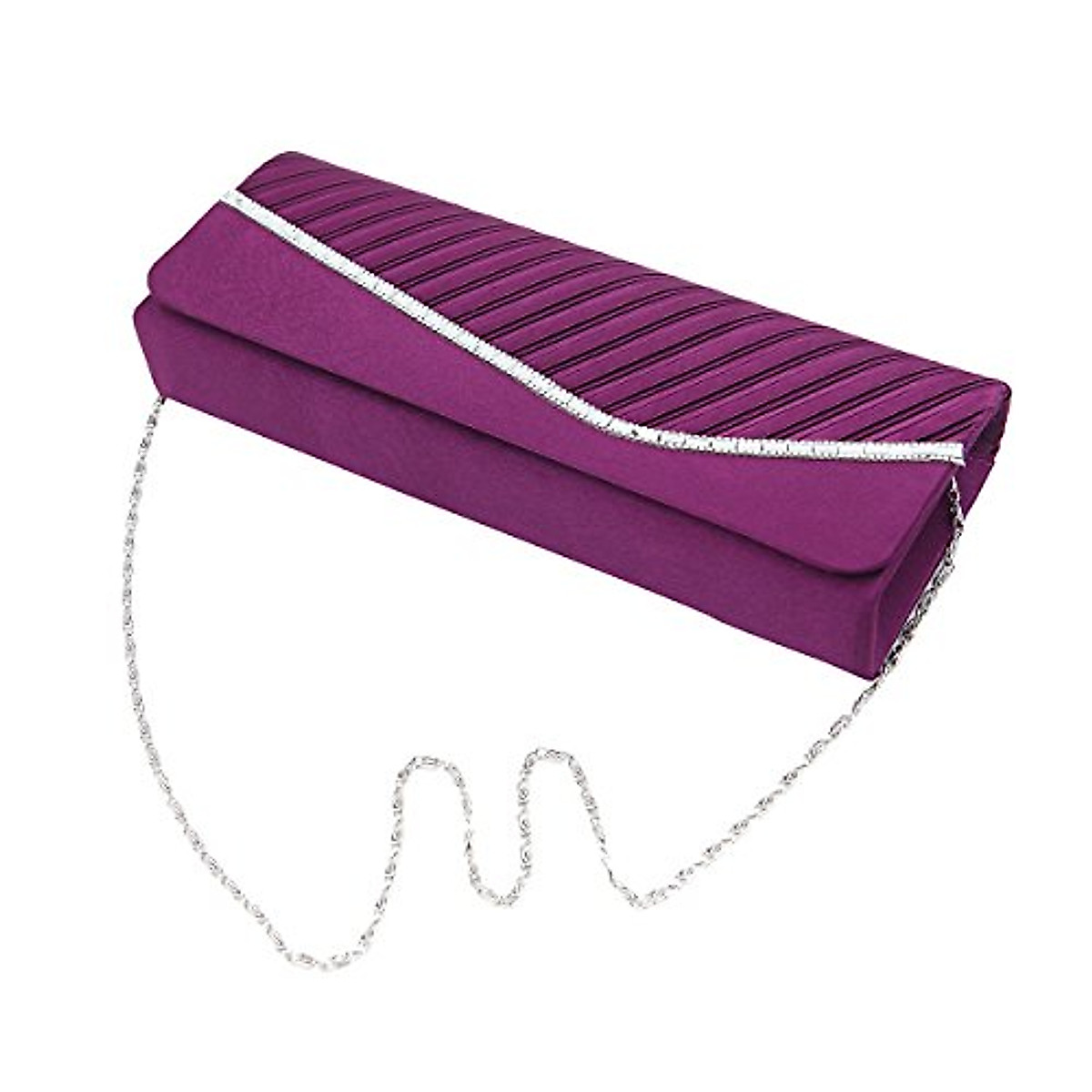 Elegant Pleated Satin & Crystal Flap Clutch Evening Bag, Purple