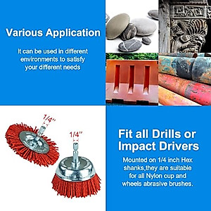SALI 9 Pack Nylon Filament Abrasive Wire Brush Wheel & Cup Brush Set with 1/4 Inch Hex Shank, 3 Sizes Nylon Drill Brush Set for Removal of Rust Corrosion Paint