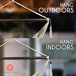 Project One Caribbean Double Hanging Hammock Chair with Soft-Spun Polyester Rope, Max 330 LBS, with Full Hanging Kit Great for Indoor, Outdoor, Home, Patio, Yard, Garden 48 Inch (Cream)