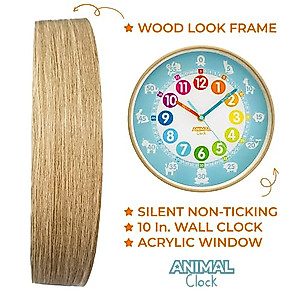 Animal Preschool Clock - Time Teacher 10 Inch Educational Silent Wall Clock with Wood Look Frame - Easy to Read Dial for Teacher's Classrooms, Preschooler's Bedroom & Children Playroom